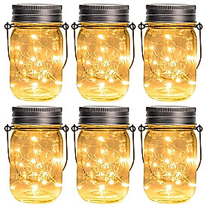 GIGALUMI Hanging Solar Mason Jar Lights, 6 Pack 30 Led String Fairy Lights Hanging Solar Lanterns Outdoor Waterproof, Hangers and Jars Included, Outdoor Decor for Garden, Patio, Yard, Porch, Wedding