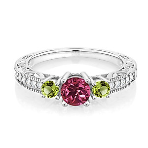 Gem Stone King 925 Sterling Silver Pink Tourmaline and Green Peridot Engagement Ring For Women (0.89 Cttw, Gemstone Birthstone, Available In Size 5, 6, 7, 8, 9)
