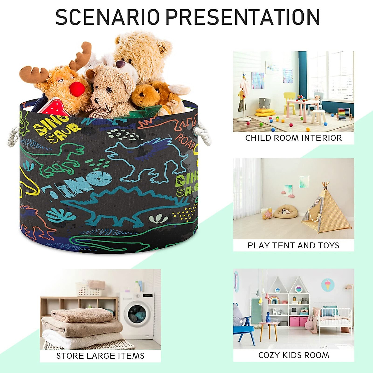 MNSRUU Round Storage Basket 20"x14" Dino T-rex Dinosaurs Collapsible Organizer Basket with Handles, Fabric Nursery Laundry Basket Large Capacity