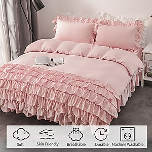 Rvciby Ruffle Duvet Cover Queen Size,Soft and Breathable Washed Microfiber Princess Bedding Set,3 Pieces,1 Duvet Cover with Zipper Closure & Corner Ties and 2 Pillow Shams,90 X 90 Inches (Queen,Pink)