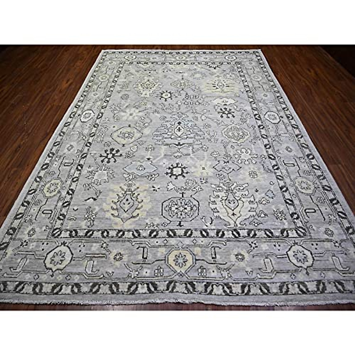 Shahbanu Rugs Silver Gray Afghan Angora Oushak with All Over Pattern Natural Dyes Soft Wool Hand Knotted Oriental Rug (8'1"x10'10")