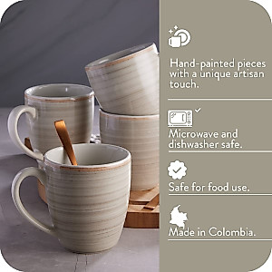 Corona Mugs set of 4 | Perfect for Coffee and Tea Lovers | Gray Caoba 12.8 oz - 380cc|4 Pieces|Ceramic|Hand Painted |Cerámica