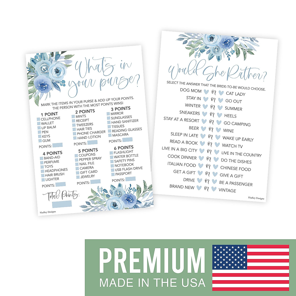 Hadley Designs 20 Floral Hilarious Bridal Shower Games For 20 Guests - Couples Wedding Shower Games, Would She Rather Bridal Shower Game Set, Whats In Your Purse Game Bridal Shower
