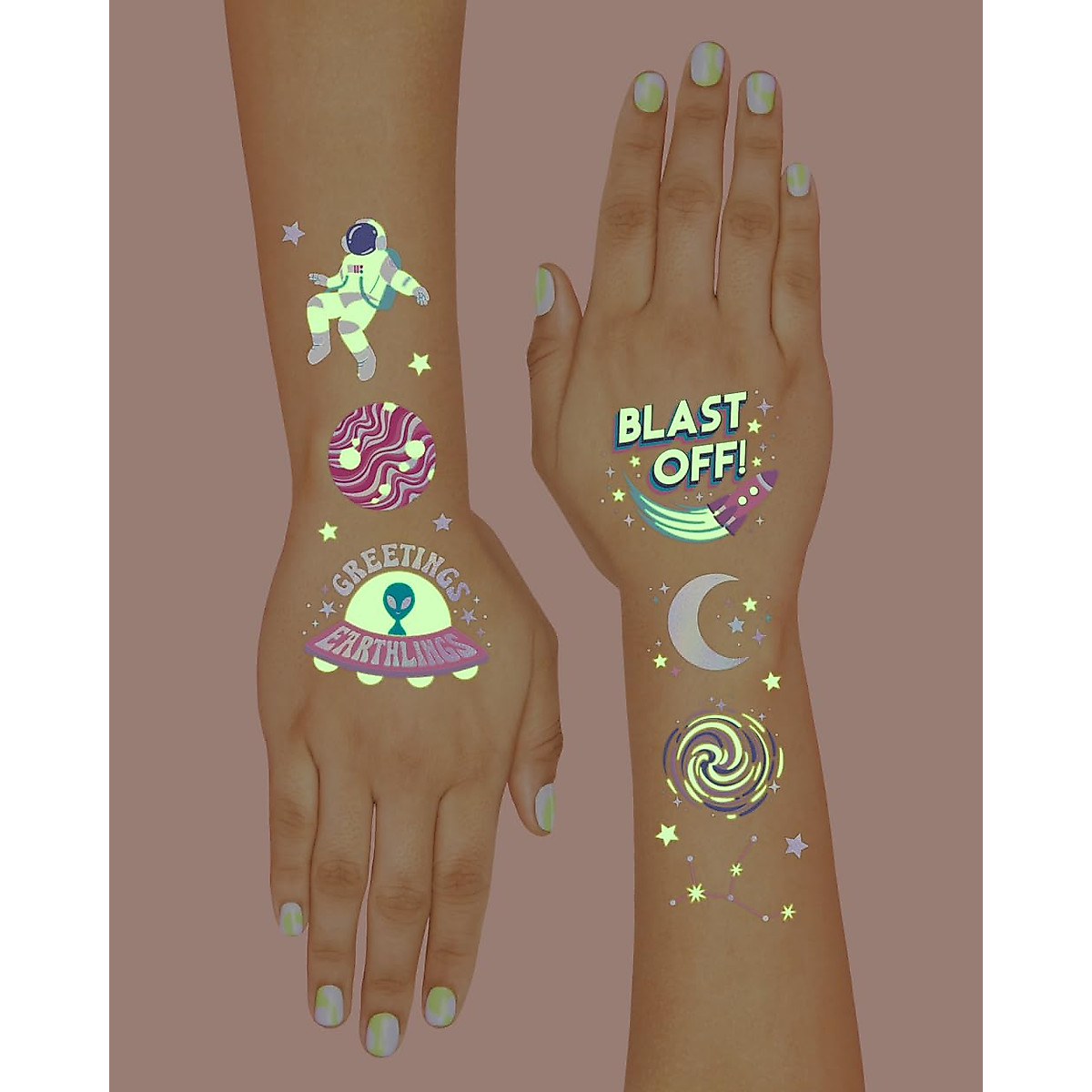 xo, Fetti Space + Planets Glow in Dark Temporary Tattoos for Kids - 50 pcs | Alien Birthday Party Supplies, Astronaut Favors + Rocket ship Decorations