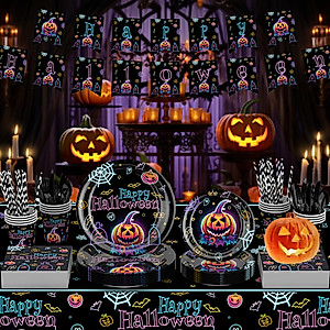 150 Pcs Neon Halloween Party Supplies for 16 Guest, Glow in The Dark Halloween Paper Plates and Napkins Disposable Tableware Set Include Knife Fork Spoon for Happy Halloween Birthday Party Supplies