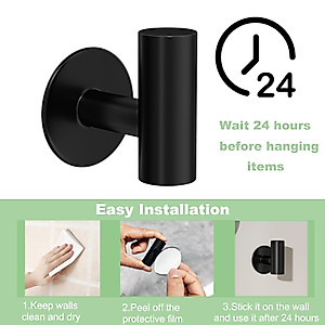 2 Pack Adhesive Towel Hooks for Bathroom, Waterproof Wall Mount Towel Holder, Matte Black Wall Robe Hook, Stainless Steel Heavy Duty Door Hanger Towel Hook for Kitchen, Bedroom, Hotel