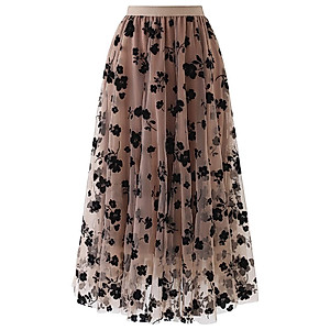 CHICWISH Women's Caramel 3D Posy Double-Layered Mesh Midi Skirt, Size L-XL