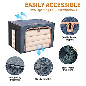 FLAHOLD 2 Pack Clothes Storage Bags, Foldable Linen Cloth Steel Frame Storage Box with Clear Window & Reinforced Handles for Bedding, Blankets, Pillows, Toys, Books(Navy, 24L, 2PCS)