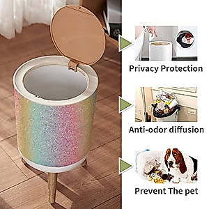 IBPNKFAZ89 Small Trash Can with Lid of Abstract Glitter Lights Multi Color Blue Pink Gold Purple and Mint Garbage Bin Wood Waste Bin Press Cover Round Wastebasket for Bathroom Bedroom Office Kitchen