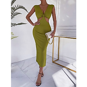 SOLY HUX Women's Sleeveless Deep V Neck Twist Front Cut Out Split Hem Bodycon Dress Olive Green M