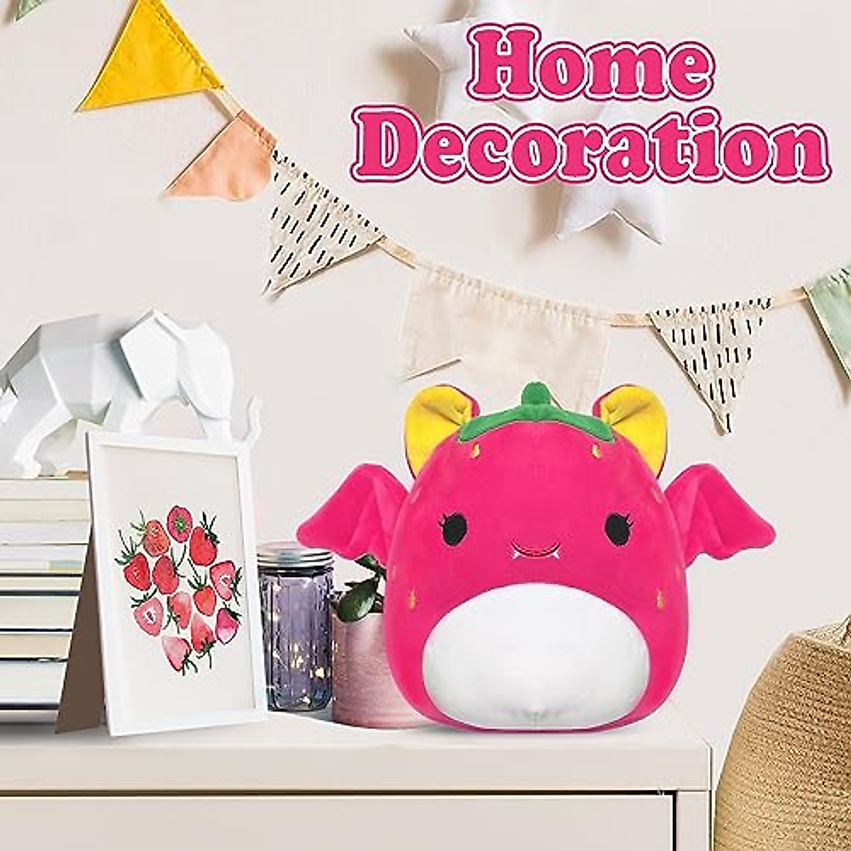 ROMINVIC Strawberry Bat Plush,8 inch Stuffed Animal Bat Plush Pillow, 3D Kawaii Bat Plushie Stuffed for Christmas Birthday Kids Gifts Home Decoration