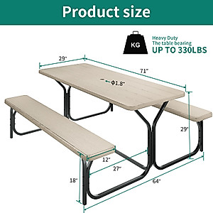 YITAHOME Picnic Table 6ft Heavy Duty Outdoor Picnic Table and Bench Resin Tabletop & Stable Steel Frame w/Umbrella Hole for Yard Patio Lawn Party Light Brown
