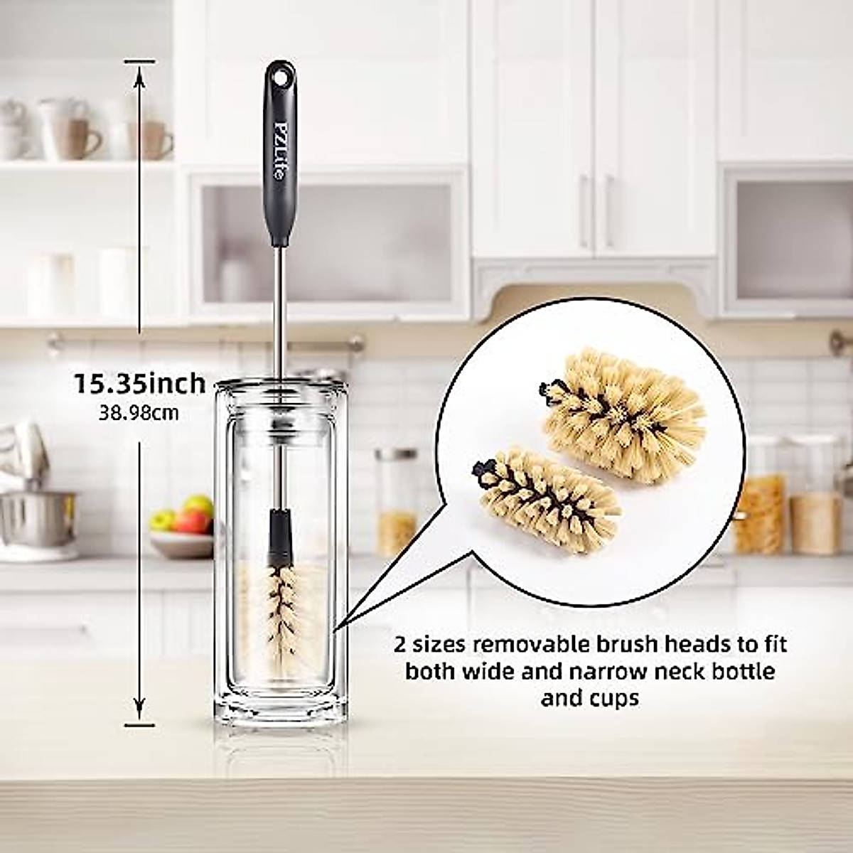 PZLife 2-in-1 Detachable Brush Head Water Bottle Brush & Straw Brush Cleaning Scrubbing Brush 15.3in Stainless Steel Bottle Brush Multi-Function Cleaning Brush Corner Cleaning