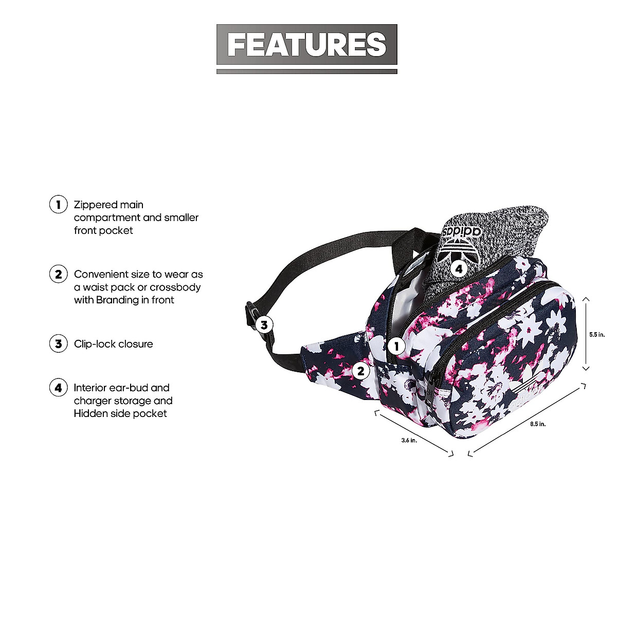 adidas Originals Originals Sport Waist Pack, Floral Legend Ink Blue/White, One Size