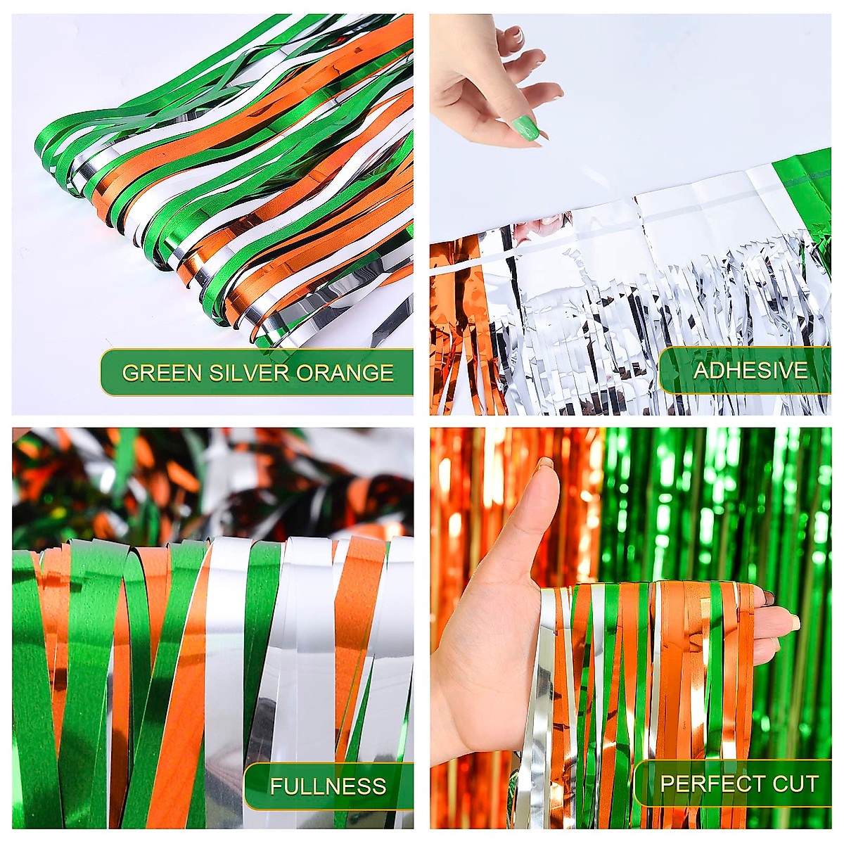 LOLStar 3 Pack St. Patrick's Day Foil Fringe Curtains St Patricks Day Party Decoration 3.3x6.6 ft Green White Orange Tinsel Fringe Curtain Photo Booth Prop Streamer Backdrop for Irish Party Decoration