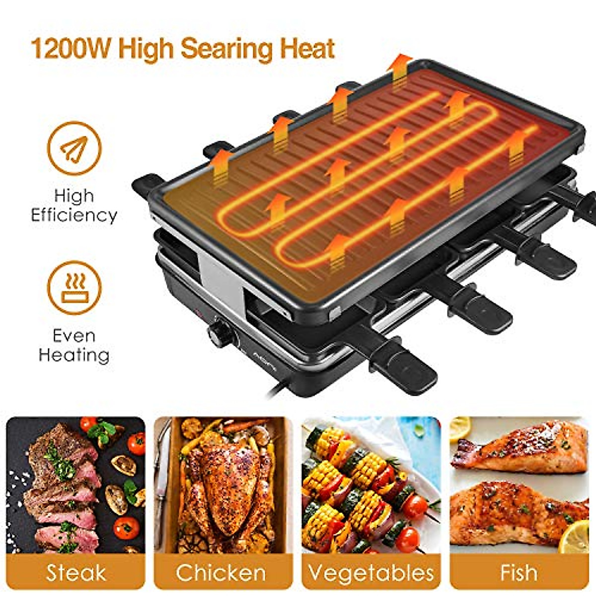 AONI Raclette Table Grill, Korean BBQ Grill Electric Indoor Cheese Raclette, Removable Non-Stick Surface, Temperature Control & Dishwasher Safe, 1200W