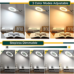 10X Magnifying Glass with Light and Stand, TOMSOO Real Glass LED Lighted Magnifier, 3 Color Modes Magnifying Lamp Stepless Dimmable, Adjustable Swing Arm Desk Lamp with Clamp for Reading Repair Crafts