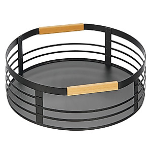 mDesign Modern Metal Lazy Susan Turntable Tray - Rotating Storage Spinner Basket and Holder for Kitchen, Pantry, Counter, Table, Fridge - 11.5 Inch Round - Matte Black/Natural Bamboo Handles