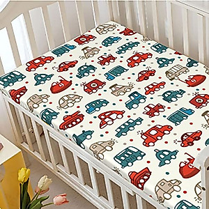 Cars Themed Fitted Crib Sheet,Standard Crib Mattress Fitted Sheet Ultra Soft Material -Baby Crib Sheets for Girl or Boy,28“ x52“,Scarlet Teal Tan