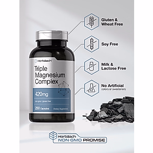 Horbäach Triple Magnesium Complex | 420 mg | 250 Capsules | Non-GMO and Gluten Free Formula | Magnesium Oxide, Citrate, and Aspartate Dietary Supplement