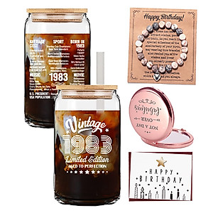41st Birthday Gifts Set for Men Women, 41st Birthday Gift for Friend Sister Coworker Dad Mom, Happy 41 Years Old Birthday Party Decorations, 1983 Glass Cup with Bamboo Lids and Straw