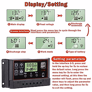 Lybile Solar Charge Controller, Black Charge Controllers for Solar Panels with Dual USB Port 12V/24V PWM Auto Paremeter Multi-Function Adjustable LCD Display Energy Controller (30A)