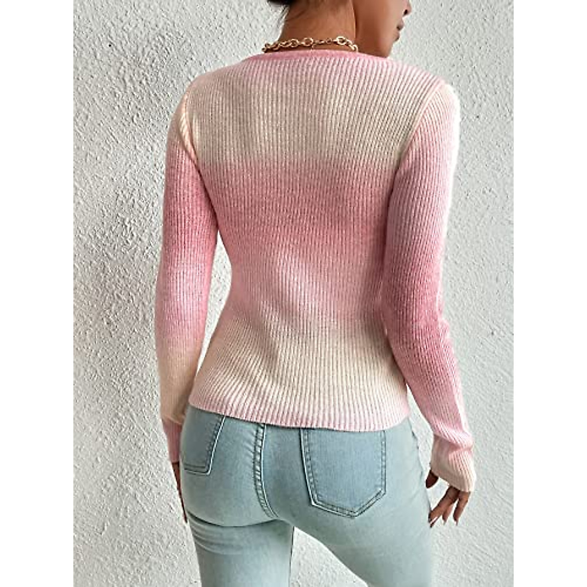 Floerns Women's Ombre Print Long Sleeve V Neck Rib Knit Pullovers Sweater Top Pink M