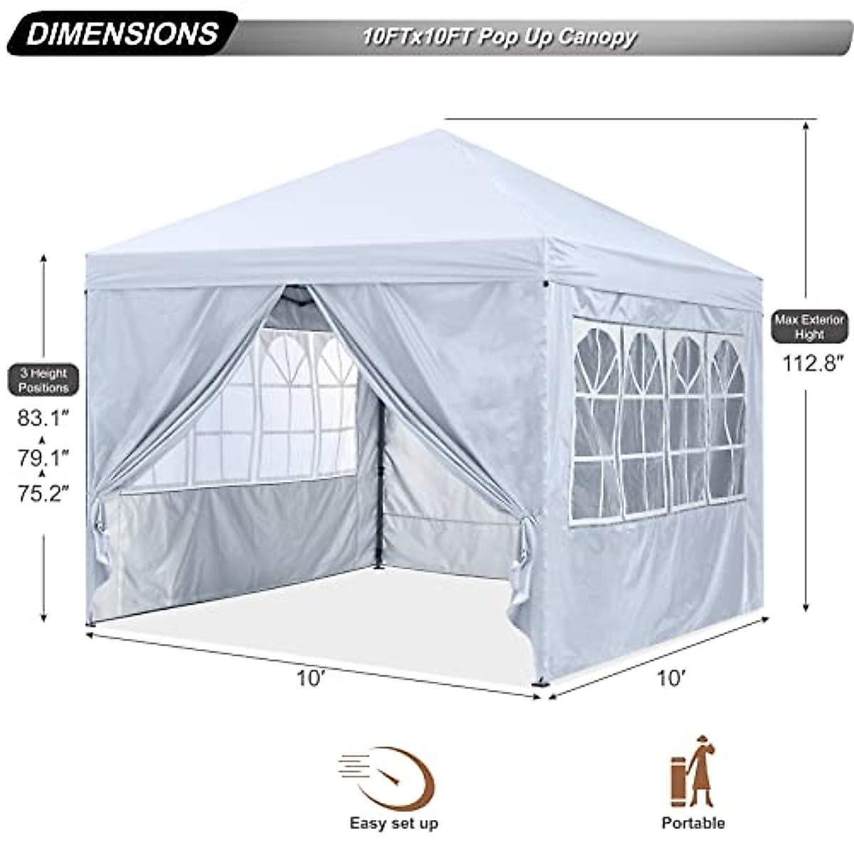 ABCCANOPY 10X10 Pop Up Canopy Tent Enclosed Instant Canopy Shelter with Zipped Side Wall Church Window, Bonus 4 Weights Bags (White)