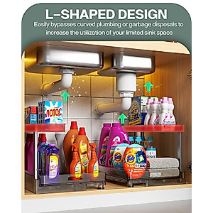 Under Sink Organizer and Storage, 2 Tier Sliding Under Sink Shelf, L Shaped Pull Out Cabinet Basket Organizer, Multi-Purpose Slide Out Organizer Rack for Bathroom, Kitchen