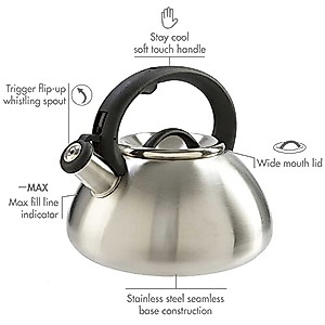 Primula Avalon Whistling Stovetop Tea Kettle Food Grade Wide Mouth, Fast to Boil, Cool Touch Handle, 2.5-Quart, Brushed Stainless Steel