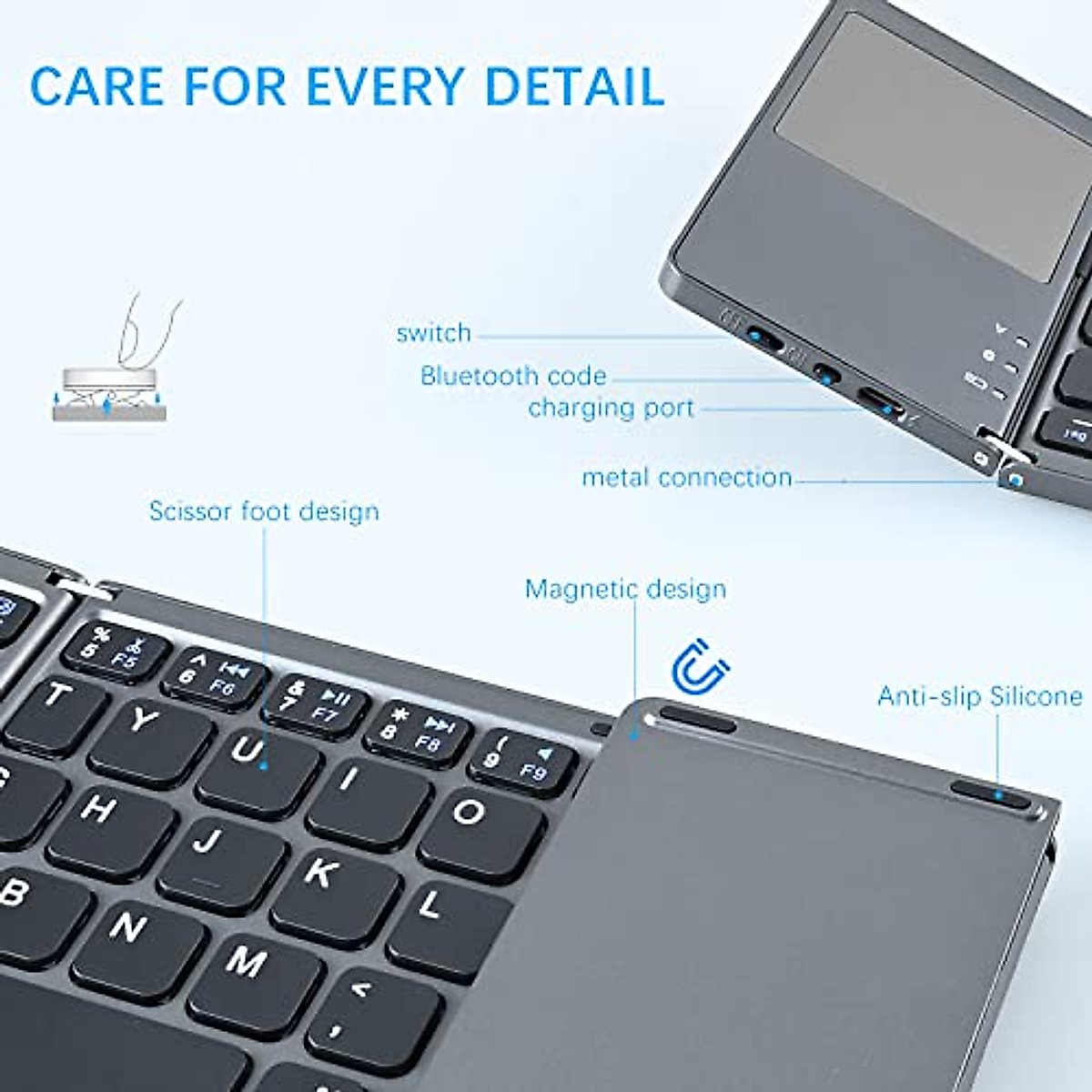 JPHTEK Foldable Bluetooth Keyboard with Touchpad, Portable Wireless Keyboards, Rechargeable Full Size Ultra Slim Pocket Folding Keyboards for Android Windows iOS Tablet & Laptop Gray