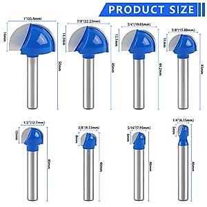Cove Box Router Bit Set ,Newdeli 8Pcs 1/4 Inch Shank Round Nose Router Bit-1/4" 5/16" 3/8" 1/2" 5/8" 3/4" 7/8" 1" Cutting Diameter, Solid Carbide Double Flute Cove Box Round Nose Woodworking Tool