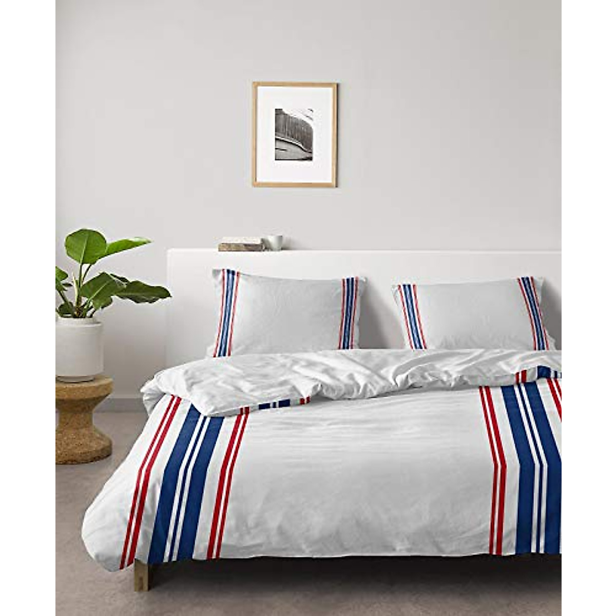 Chaven Home Independence Day 4 Piece Twin Bedding Set, Duvet Covers Sets Blue Red Striped Comforter Cover, Bed Sheet and 2 Pillowcase for Woman/Man/Teen/Kid Bedroom Decor Minimalist Lines White