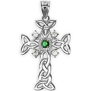 Silver Trinity Knot Diamond Celtic Cross Pendant Necklace with Genuine Emerald, 22"