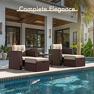 Super Patio 5 Piece Outdoor Furniture Set, PE Wicker Rattan Small Patio Set Balcony Furniture, Outdoor Sofa with Ottomans, Tempered Glass Side Table, Beige Cushions, for Porch, Deck, Poolside