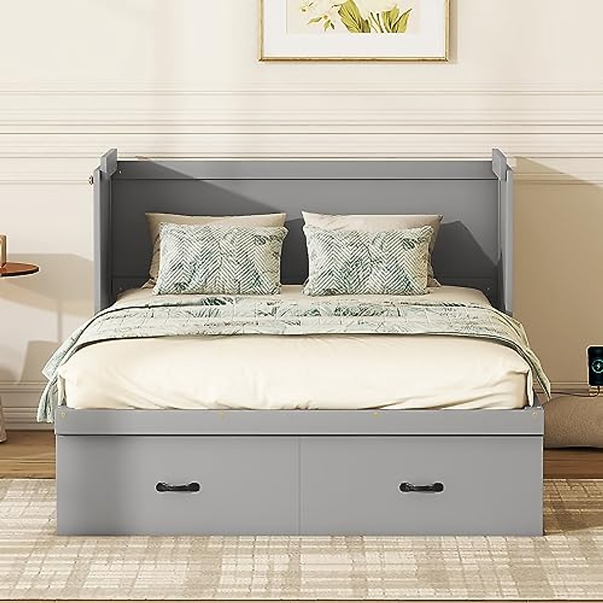 Full Size Murphy Bed with USB Port and Storage Drawers, Wood Full Platform Bed Frame with Charging Station, Full Murphy Bed for Bedroom Murphy Bed Cabinet Murphy Chest Bed (Gray)