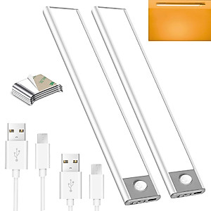 11in Under Cabinet Lights,60LED Motion Sensor Light Indoor Wireless,Magnetic 2500mAh Rechargeable Battery Under Counter Lights,Type C USB Closet Lighting for Kitchen,Wardrobe, Bedroom,Warm Light-2pack