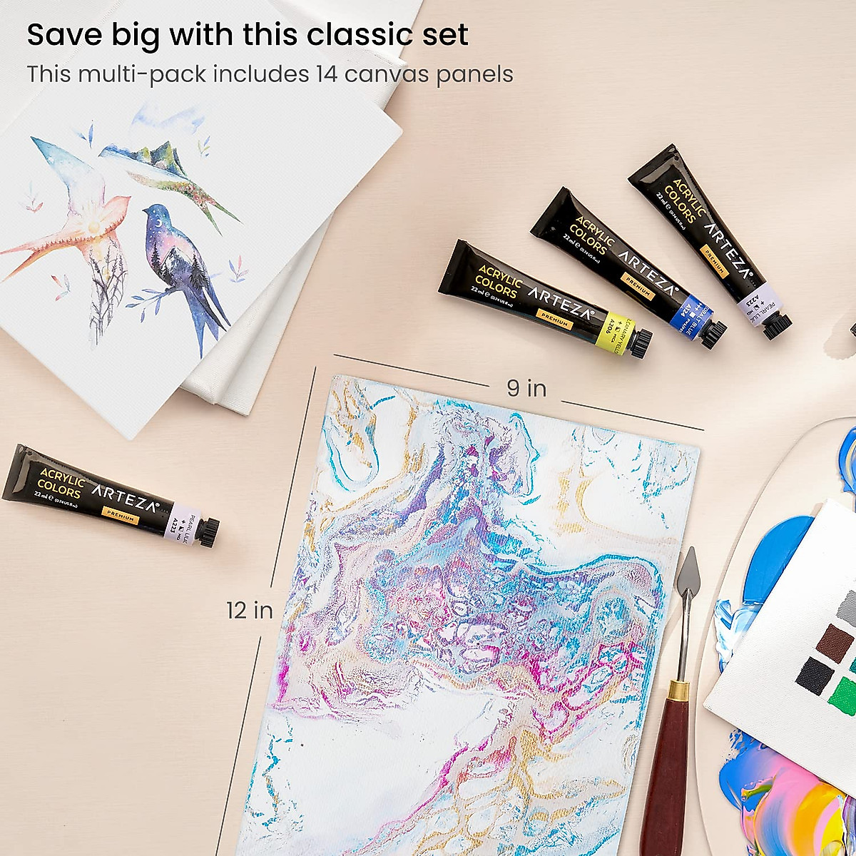 ARTEZA Canvas Boards for Painting, 9 x 12 Inches, Pack of 14, Blank White Canvas Panels for Acrylic, Oil and Gouache Painting