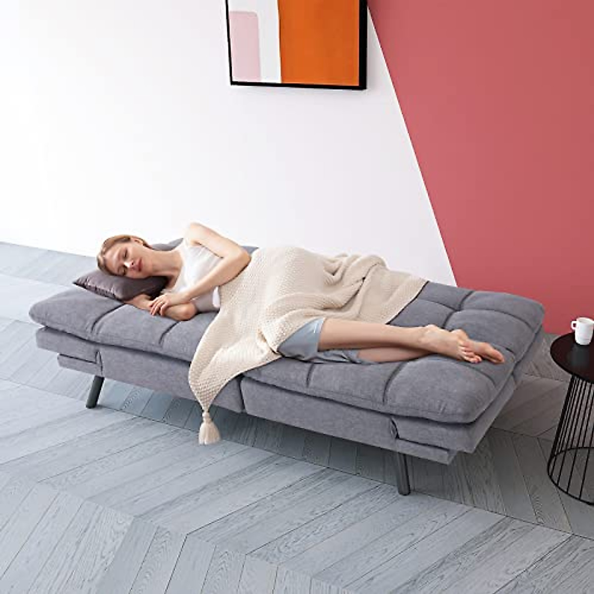 Opoiar Grey Fabric Futon Sofa Bed Couch,3" Memory Foam Loveseat Sofa Bed,71" L Modern Sleeper Sofa Bed with Covertible Armrests,Small Space Sofa Bed for Living Room,Home Office,Apartment