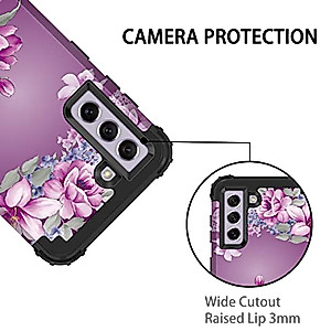 LONTECT for Galaxy S21 FE 5G Case [Not fit S21 5G] Floral Shockproof Heavy Duty 3 in 1 Hybrid Sturdy Protective Cover Case for Samsung Galaxy S21 FE 5G 2022, Purple Flower/Black