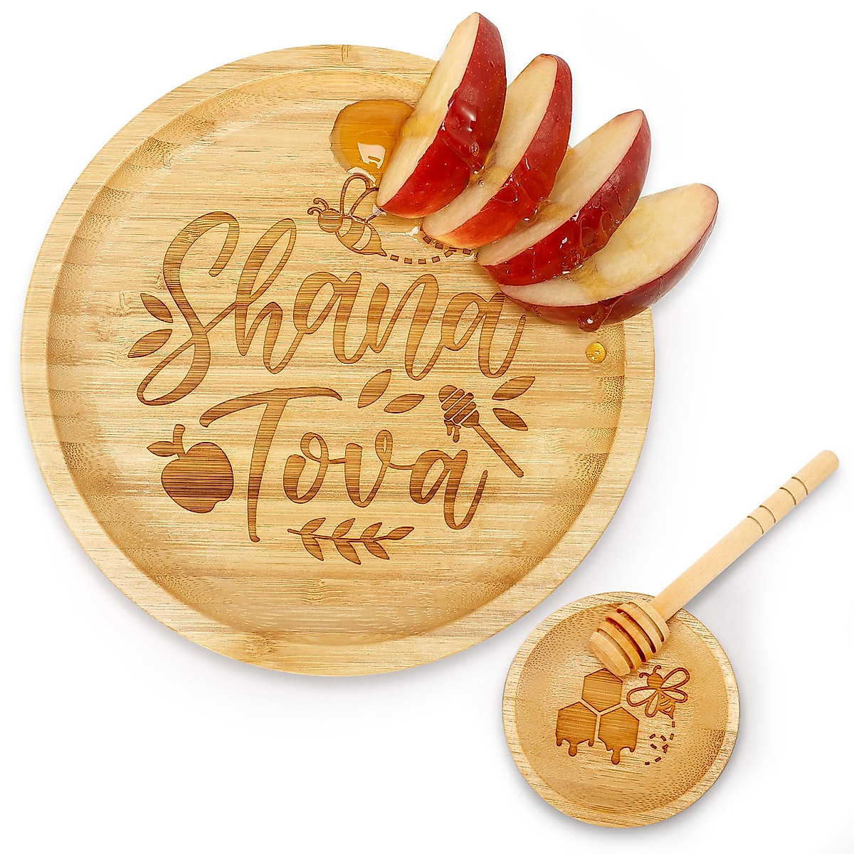 Huray Rayho Rosh Hashanah Apple Plate Set Shana Tova Apple and Honey Dish with Dipper Rosh New Year Hostess Gift Idea Shana Tova Bamboo Wood Server Tray Holiday Party Table Decorations