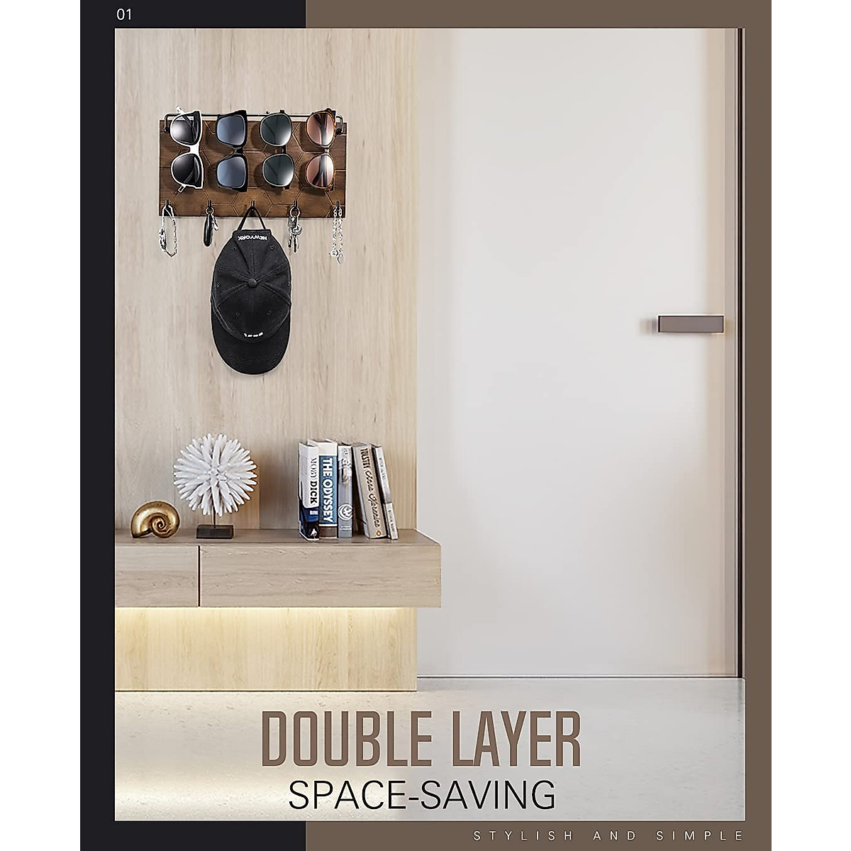 Emibele Sunglass Organizer Wall Key Holder, Decorative Wood Wall Jewelry Organizer Glasses and Sunglass Holder Display with 5 Hooks Key Rack Hanging Eyeglass Storage for Entryway Living Room, Walnut