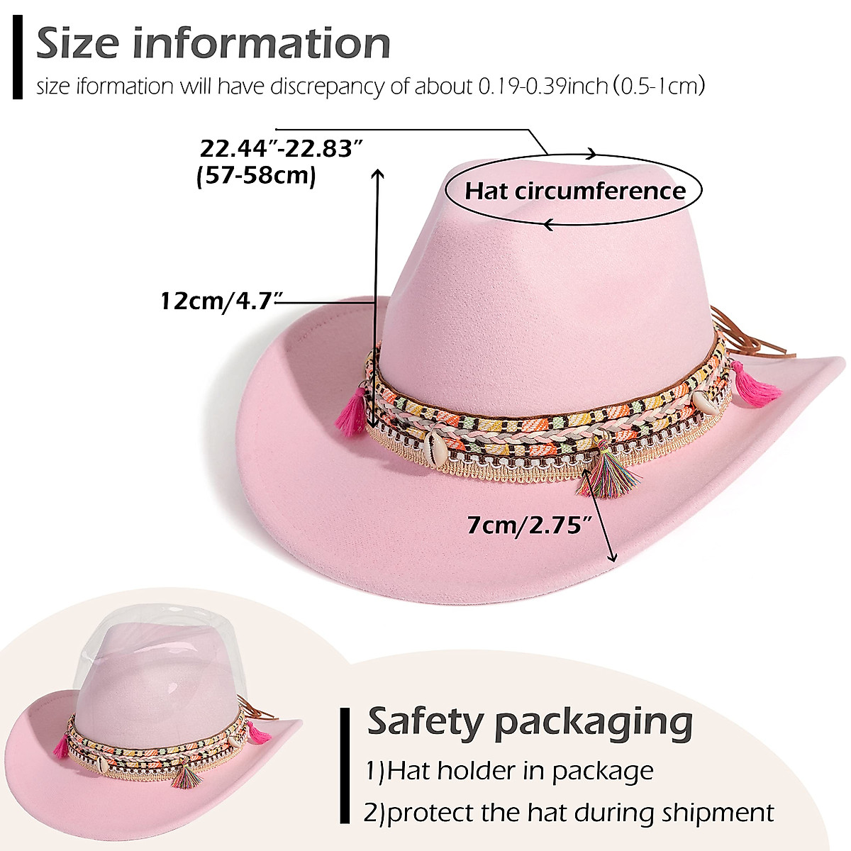 Gossifan Women Men Western Cowboy Cowgirl Hat Fedora Hat with Belt-Tassel Pink