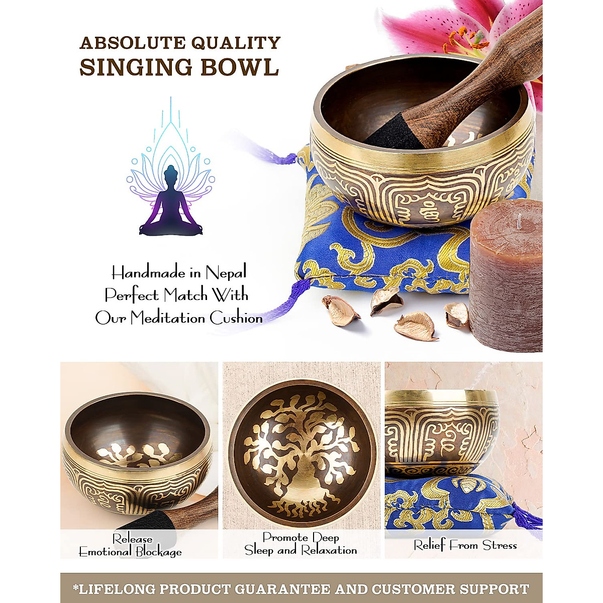 Hihealer Tibetan Singing Bowls, Meditation Sound Bowls Handcrafted in Nepal for Yoga, Chakra Healing, Mindfulness Self Care Spiritual Gifts for Women and Men (4" tree-of-life)