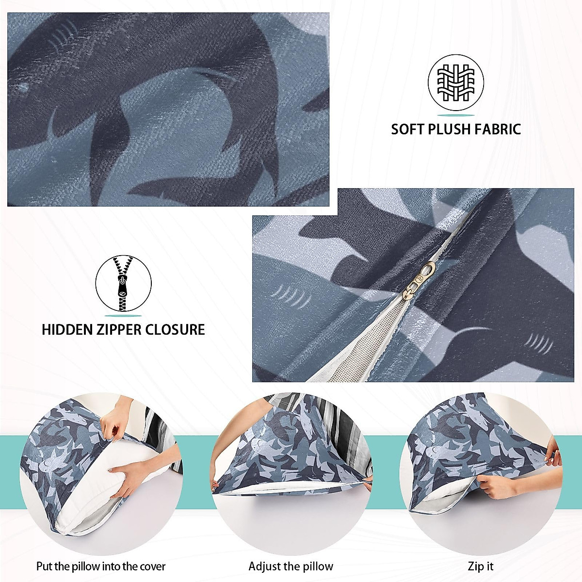 Sharks Camo Pillowcase for Hair and Skin Body Pillow Cover Body Pillow Cases King Size 20"X 40" Decorative Pillows Cases with Zipper for Women Men