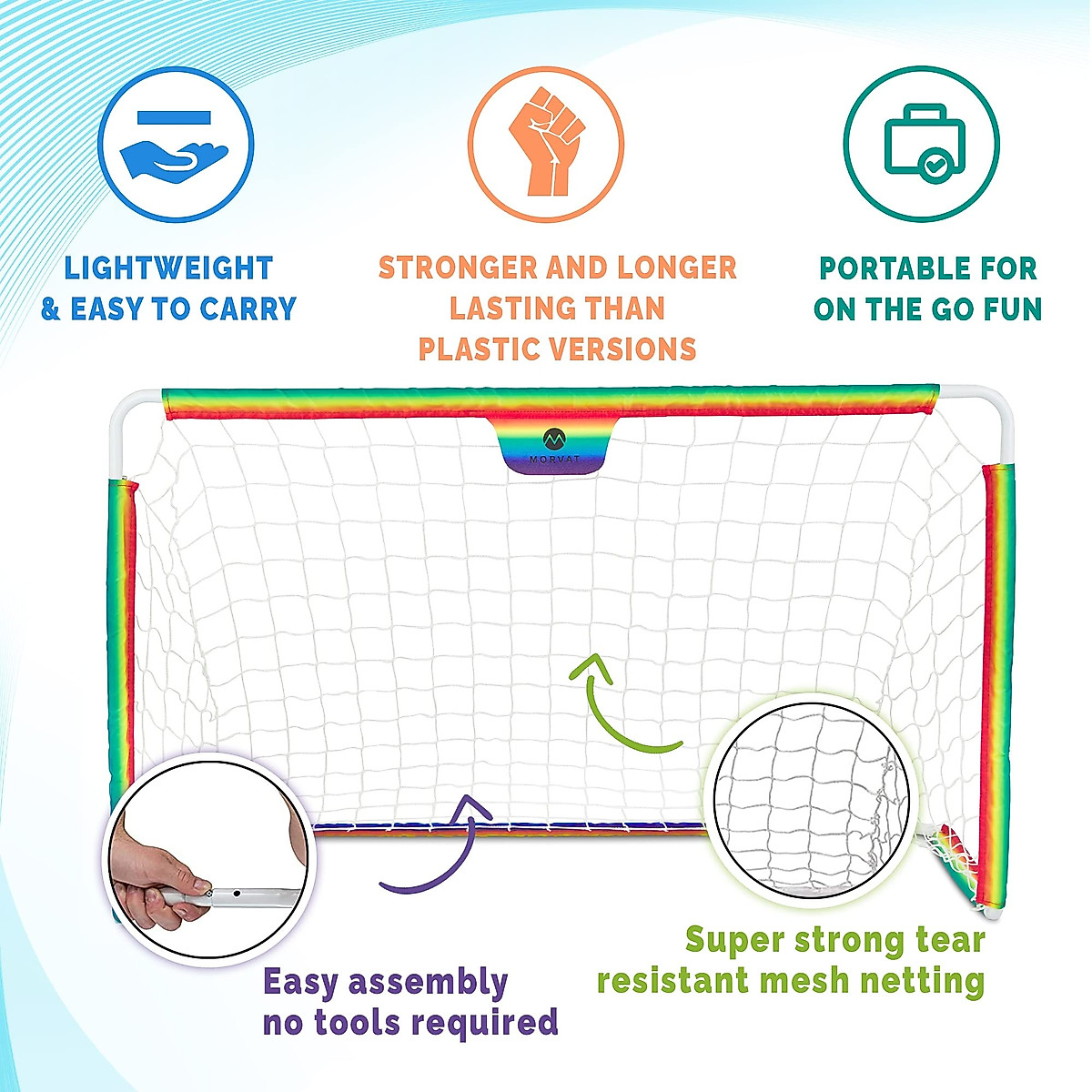 Morvat Kids Metal Poles Soccer Goal Set Portable Lightweight Training Equipment Backyard & Indoors Premium 48”x30” Net + 2 Size Soccer Balls + Ball Pump + Storage Bag – Color: Rainbow