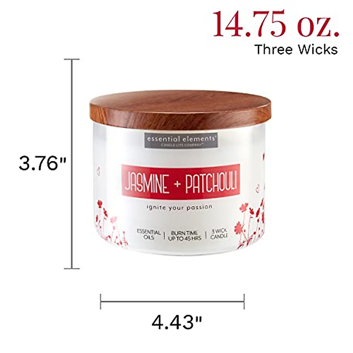 Essential Elements by Candle-lite Scented Candles, Jasmine & Patchouli Fragrance, One 14.75 oz. Three-Wick Aromatherapy Candle with 45 Hours of Burn Time, Off-White Color