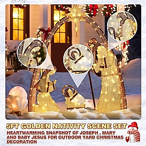 MUPATER Lighted Outdoor Christmas Decoration Nativity Scene, Lighted Christmas Yard Decor Set for Lawn and Home Holiday Party with Lights, Zip Ties and Ground Stakes, Gold