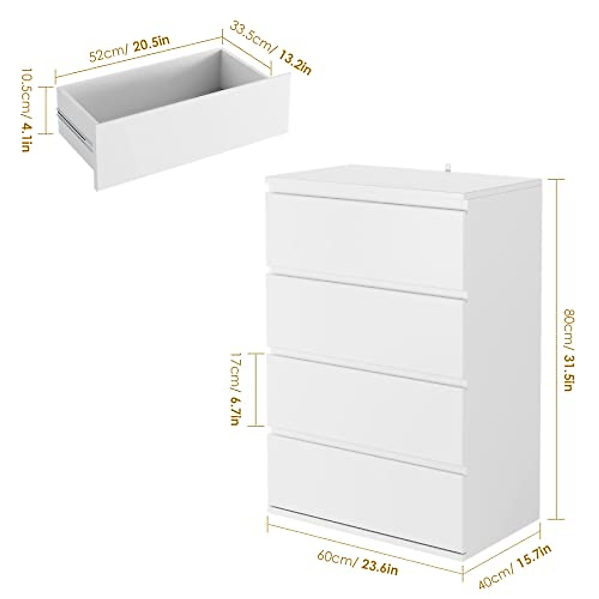 FOTOSOK 4 Drawer Dresser, Modern Storage Chest of Drawers 23.6L x 15.7W x 31.5H in, Nightstand File Cabinet with 4 Drawers for Home Office, White
