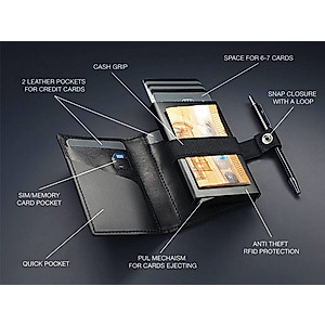 PULARYS Mini Wallet BONO - Italian Leather - SD Card Slot - Up to 8 Card Slots - Snap fastener - Pen Holder - For Men and Women - Classic Design